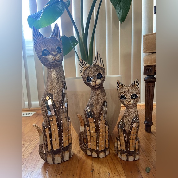 Handmade | Art | Vintage Balinese Wooden Hand Carved Tall Cat Statues ...
